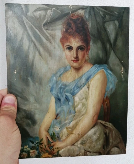ANTICO DIPINTO OLIO su Tavola 25x20cm "Giovane Donna a mezzobusto ...