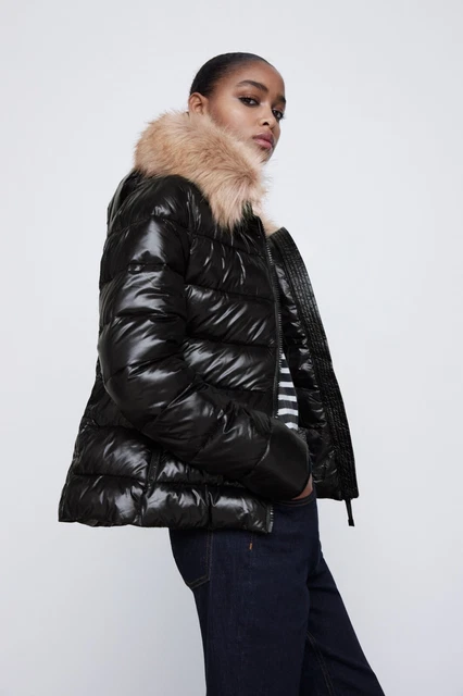 ZARA BLACK Shiny Puffer Puffa Padded Quilted Coat Jacket Fur Hood Size ...