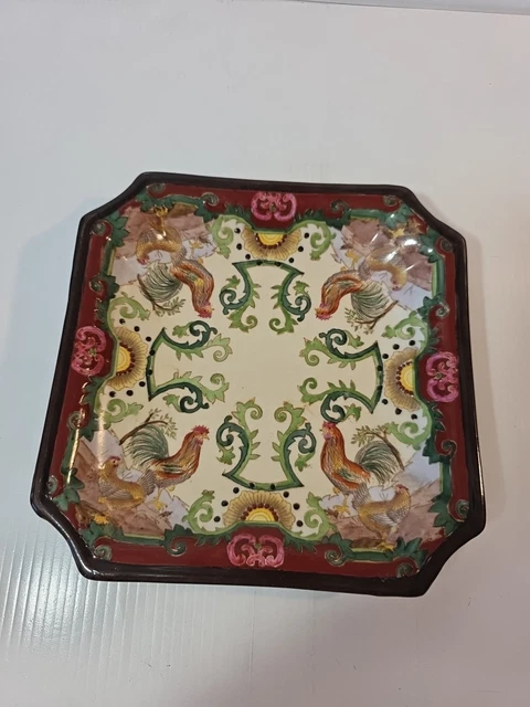 VINTAGE ROOSTER PLATE, Hand Painted Hua Ping Tang Chinese Heavy Square ...