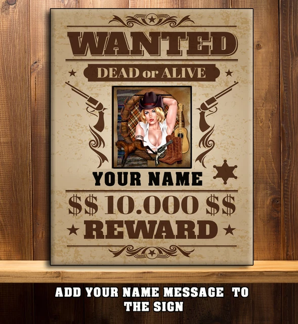 PERSONALISED COWGIRL WANTED WESTERN BAR SHED Vintage Metal Wall Sign ...
