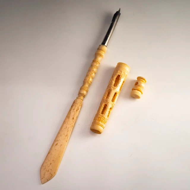 ANTIQUE CARVED BONE Dip Pen & Letter Opener + Stanhope viewer c1860 ...