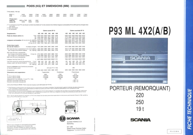 SCANIA / TECHNICAL Sheet / Carrier P 93 Ml 4X2 A (B) 1992 £6.14 ...