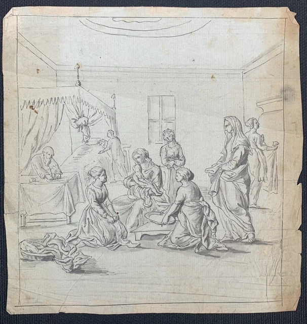 ANTIQUE DRAWING INK Interior Scene Birth of the Child 18th Century ...