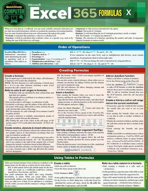 MICROSOFT EXCEL 365 Formulas: A Quickstudy Laminated Reference Guide by ...