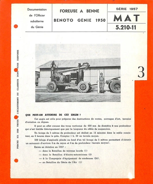ARMÉE FRANÇAISE / FICHE INFORMATION / FOREUSE A BENNE BENOTO GENIE 1950 ...