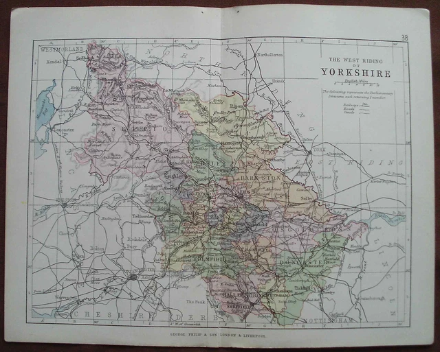 ANTIQUE COLOUR MAP West Riding Yorkshire late Victorian George Philip ...