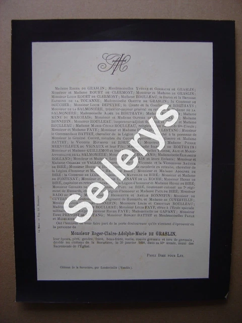 FAIRE PART DÉCÈS Roger Claire Adolphe Marie de GRASLIN Château de la ...