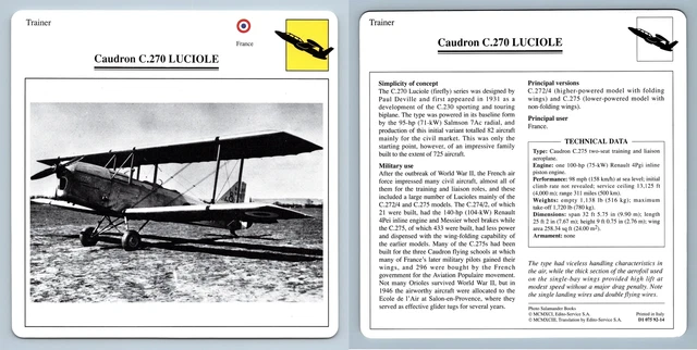 CAUDRON C.270 LUCIOLE - Trainer - Warplanes Collectors Club Card £1.25 ...