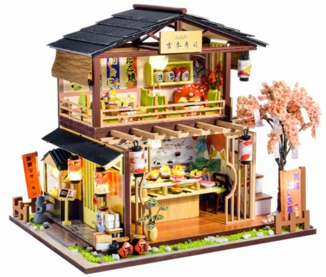 WOODEN DIY MINIATURE Sushi House Model Kit 3d Puzzle With LED Lights ...
