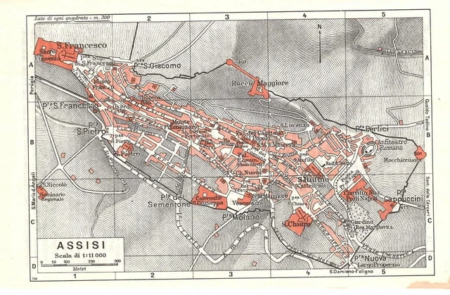 CARTA GEOGRAFICA ANTICA ASSISI pianta della città TCI 1939 Antique map ...