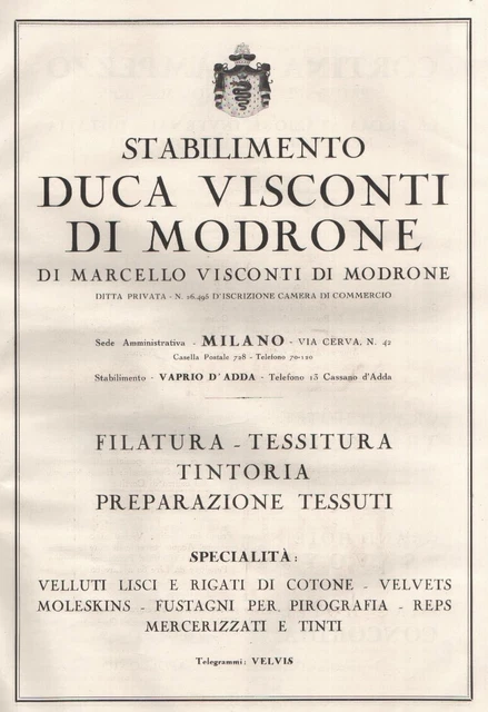 PUBBLICITA 1925 STABILIMENTO Duca Visconti Di Modrone Marcello Milano ...