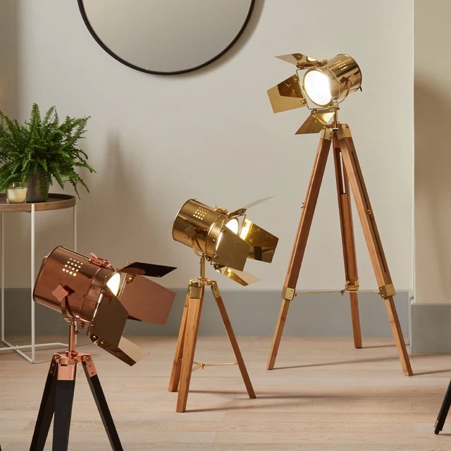 RETRO TRIPOD FLOOR Lamp Film Director Spot Light Natural Wooden Legs ...