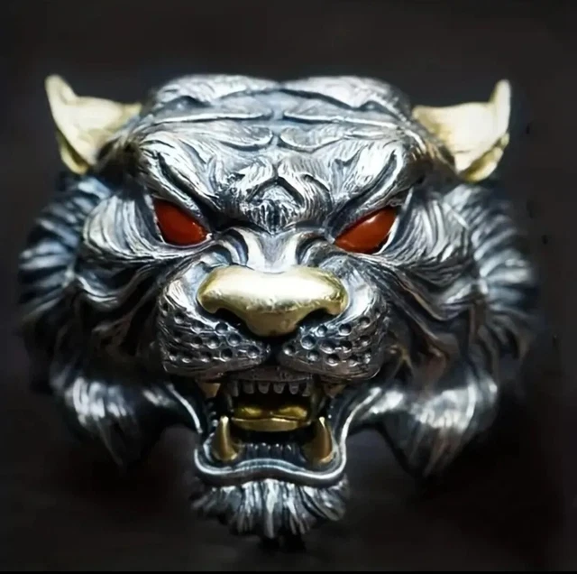 ANGRY TIGER HEAD Ring Trendy Opening Rock Hip-Hop Men Party Jewelry ...