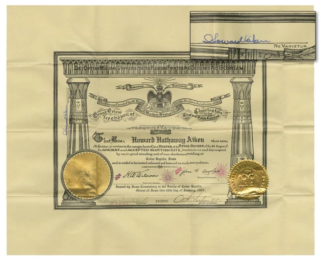 ORIGINAL MASONIC CERTIFICATE Autograph Computer Pioneer Howard H. Aiken ...