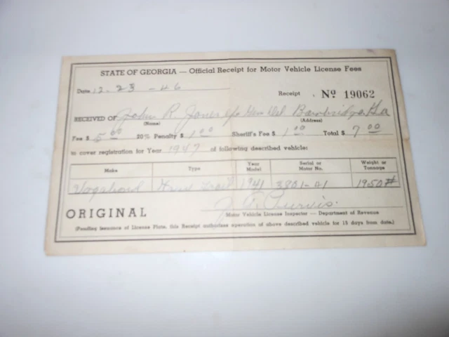 1946 STATE OF Georgia Official Receipt For Motor Vehicle License Fees 1946-state-of-georgia-official-receipt-for-motor-vehicle-license-fees