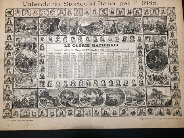 CALENDARIO STORICO D’ITALIA Per Il 1888 foglio Incollato Su Cartoncino ...