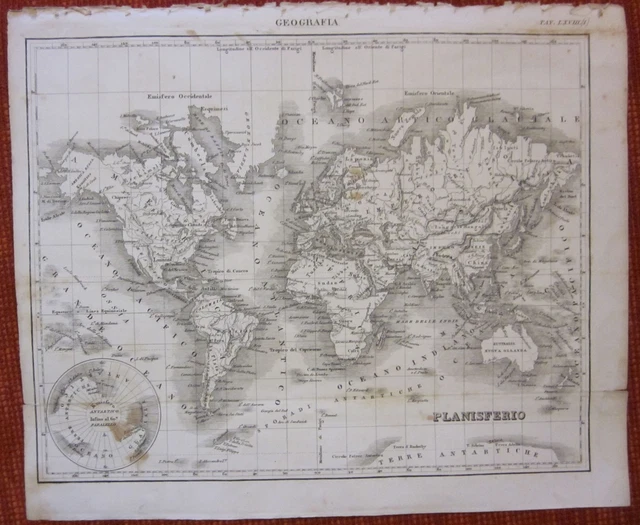 1849 PLANISFERIO POMBA Ed Mappamondo world map planisphere world map ...