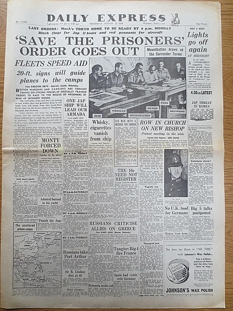 WW2 NEWSPAPER SAVE the FEPOW Mountbatten Surrender August 23 1945 Daily ...