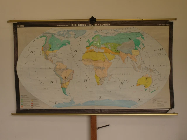 SCHOOL WALL MAP Beautiful Old World Map Climate 182x106cm Vintage 1982 ...
