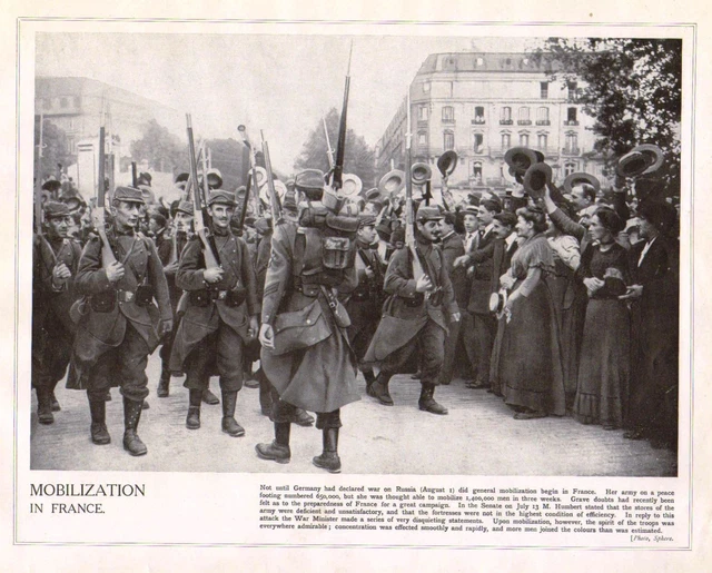 1914 PRINT WWI ~ Mobilization In France French Troops Crowds Cheering ...
