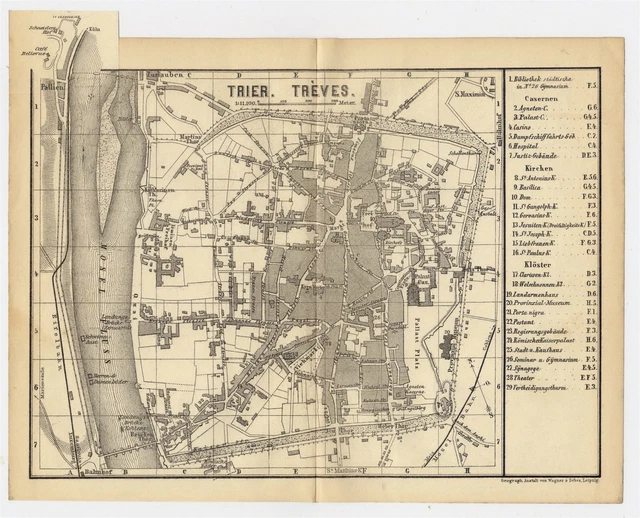 1892 ORIGINAL ANTIQUE City Map Of Trier Treves / Rhineland-Palatinate ...