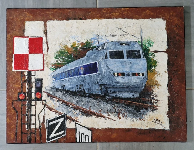 TABLEAU PEINTURE AU Couteau " TGV " Signé PR... SNCF Train Chemin De ...