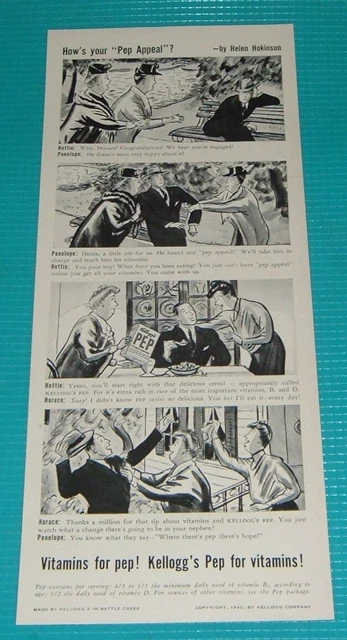 1940 PRINT AD~KELLOGG'S PEP CEREAL CARTOON by HELEN HOKINSON Man on ...