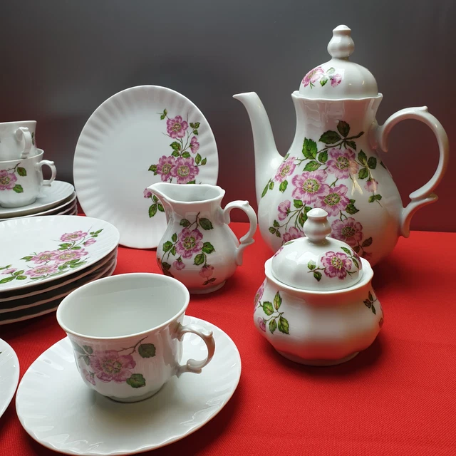 KAFFEESERVICE; RETSCH&CO WUNSIEDEL 21 Tlg. Porzellan weiß Rosendekor Reliefrand EUR 85,00 ...