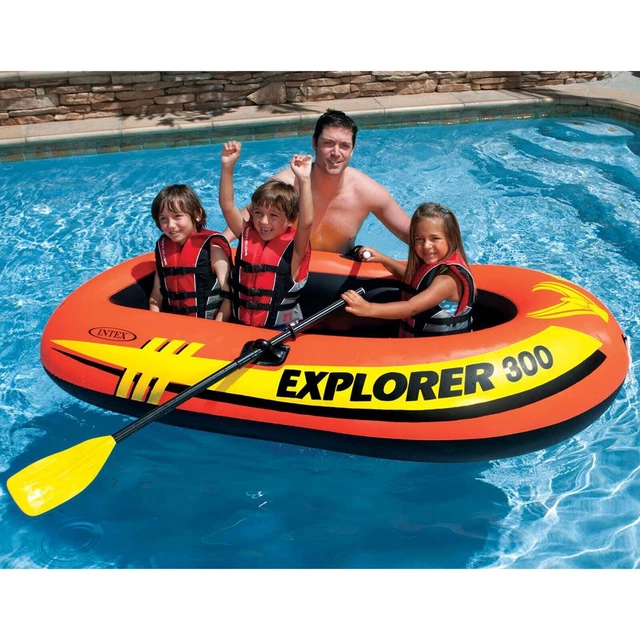 INTEX EXPLORER 300 Compact Inflatable Fishing 3 Person Raft Boat w ...