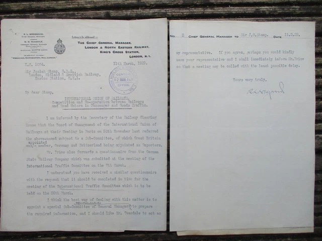 LNER, LETTER SIGNED by Sir R.L. Wedgwood and sent to Sir Josiah Stamp ...