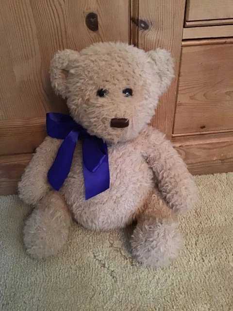 Vintage Gund Brown Chubby Teddy Bear Blue Satin Bow Plush Soft Toy 14