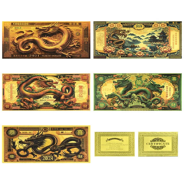5PCS 2024 CHINESE Dragon Gold Foil Banknote Collection Business Gift £8 ...