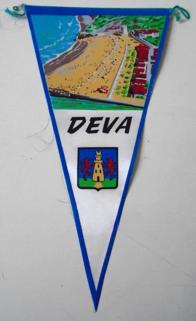 FANION ANCIEN DEVA Pays Basque bleu et blanc pochoir vue plage 50s 60s ...