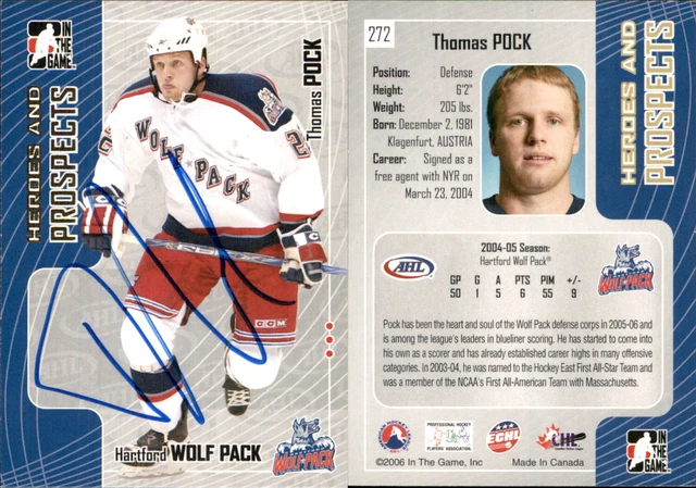 CARTE THOMAS POCK signée 2005-06 ITG H&P #272 Hartford Wolf Pack Auto ...