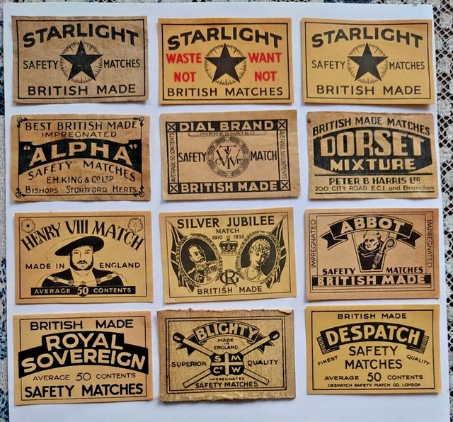 12 OLD BRITISH matchbox labels. £2.50 - PicClick UK