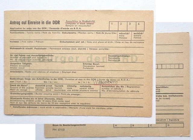 FORM FOR GDR entry, request for entry into the GDR East German document ...