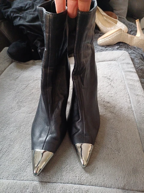 TOPSHOP SIZE3/37 BLACK Leather Silver Toe Cap High Heel Boots £8.50 ...