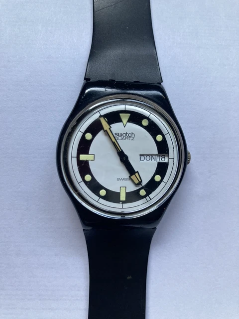1984 SWATCH GB704 Black Diver variant RARE working strap 7 holes fori ...