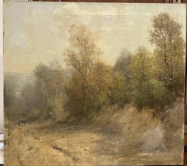 RARE TABLEAU ANCIEN hst Barbizon, paysage forêt, signé William Fabri ...
