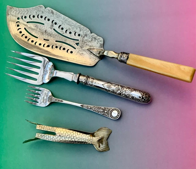 VICTORIAN FISH FORK Slice Tong Sardine Fork Antique Silver Plate ...