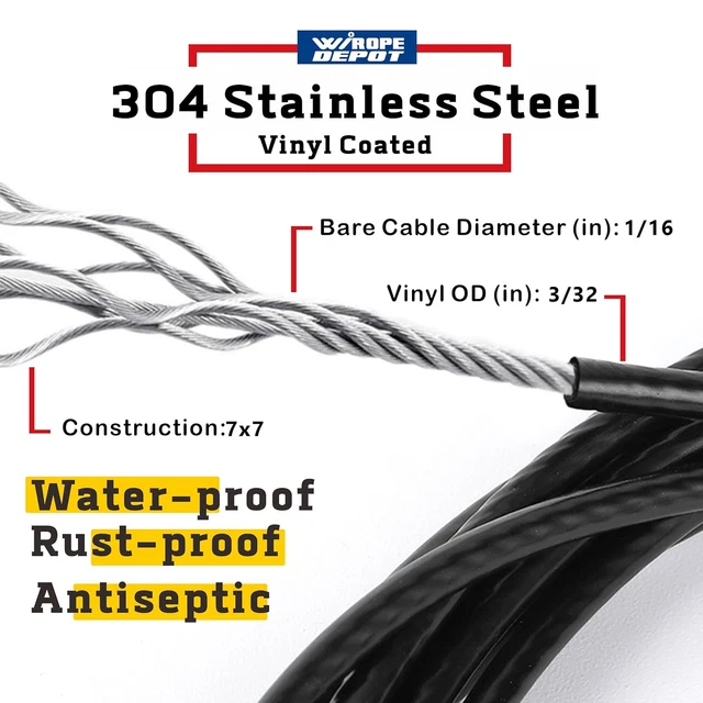 304 STAINLESS STEEL Black Vinyl Coated Wire Rope,1/16 Inch Overmolded ...
