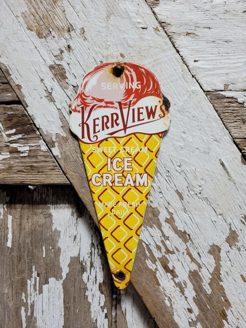 VINTAGE KERR VIEW Ice Cream Porcelain Sign Dessert Sweet Cream Candy ...