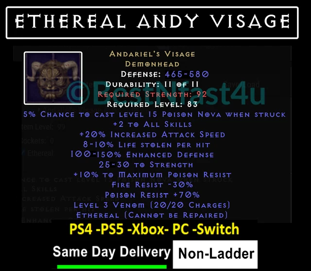 ETH ANDARIEL VISAGE Ethereal PC-XBOX-PS4-PS5-SWITCH Diablo 2 Res D2R ...