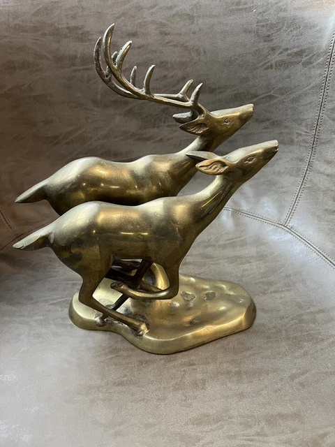 VINTAGE SOLID BRASS Deer Sculpture Buck & Doe Running Stag Figurine 10 ...