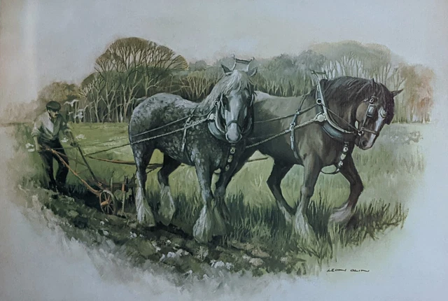 VINTAGE SIGNED BRITISH Equine Working Shire Horses Field By Artist Leon ...