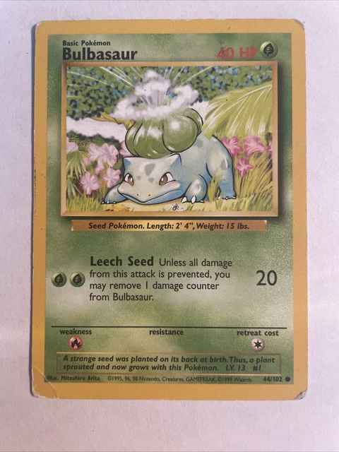 POKEMON CARD BULBASAUR 44/102 Base Set WOTC 1999 Unlimited MP $9.34 ...
