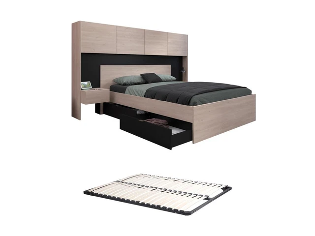 LIT 160 X 200 cm avec rangements et chevets - Coloris : Naturel et noir ...