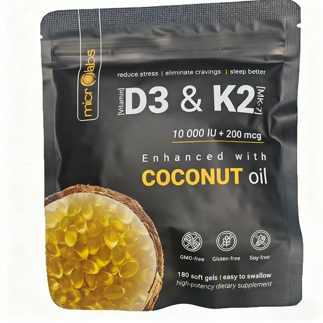 D3 K2, VITAMIN D3 K2 Supplement Softgels 10000 Iu VIT D3 + 200 Mcg 180 ...