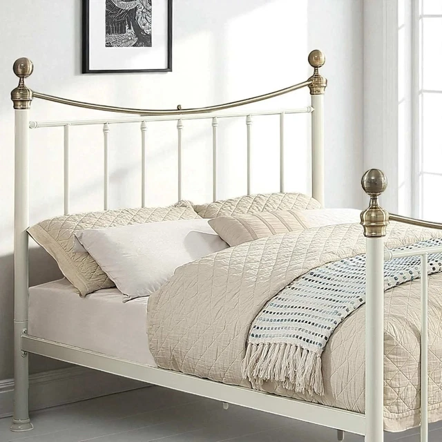 WHITE & GOLD Metal Double Bed Frame w/ Headboard Footboard, Slatted ...