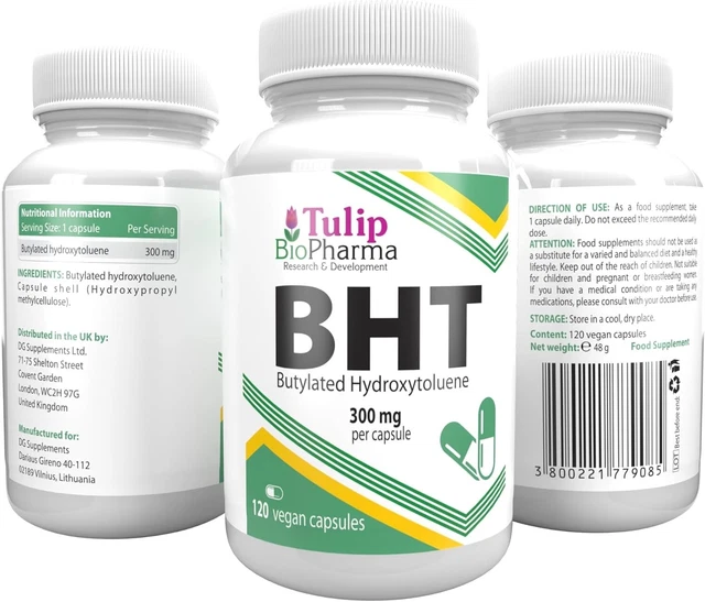 BHT (BUTYLATED HYDROXYTOLUENE) 300mg 120 Vegan Capsules Anti Aging ...
